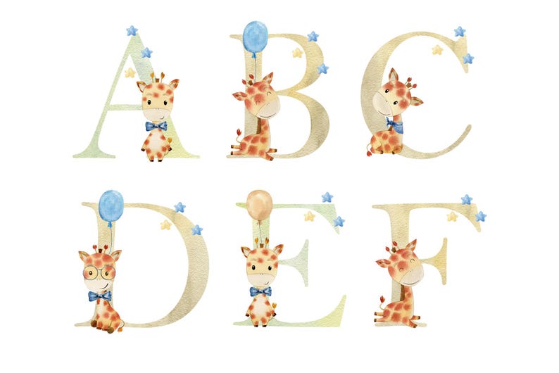 Watercolor Giraffes Alphabet for Boy, Letters and Numbers Clipart ...