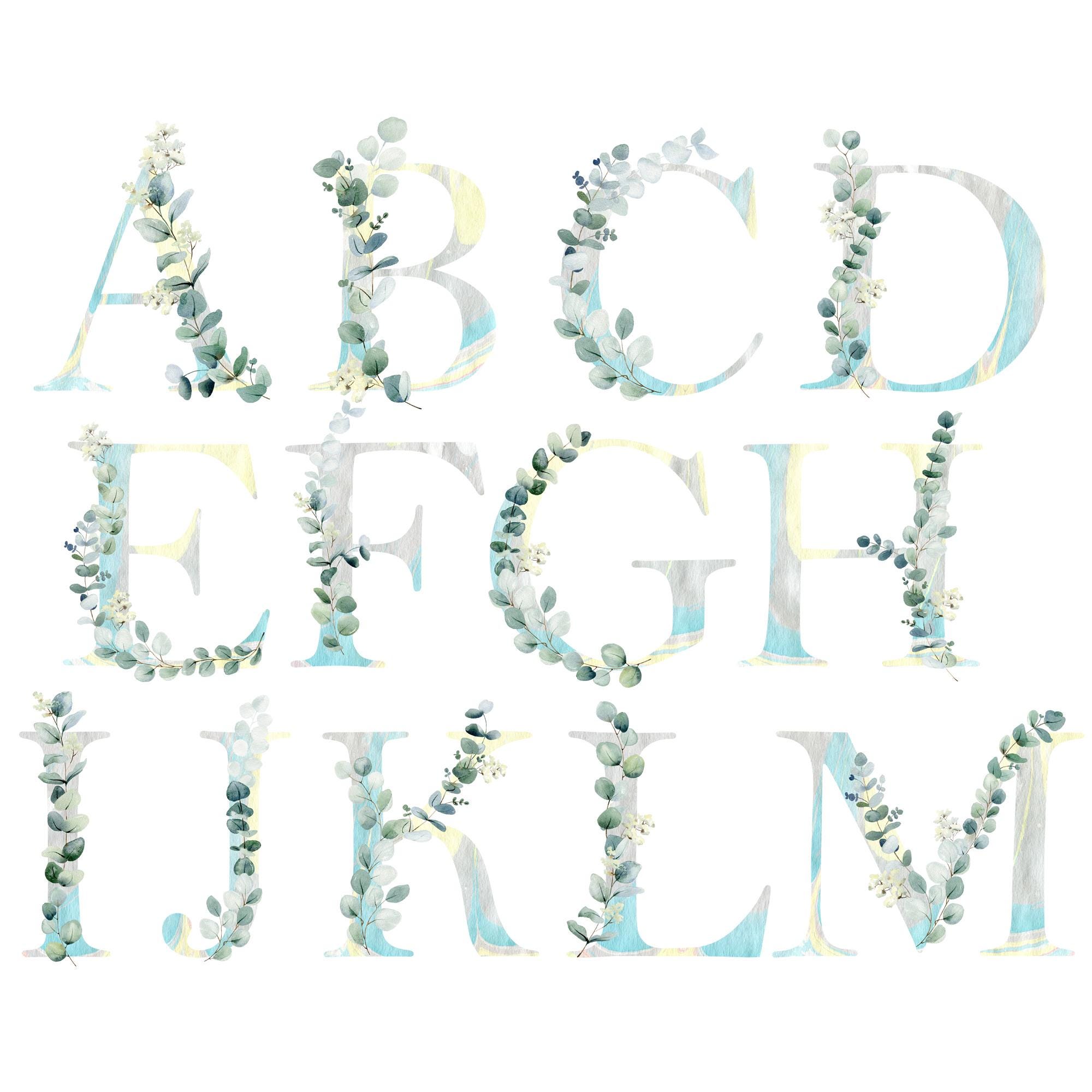 Watercolor Floral Alphabet Clipart, Eucalyptus Leaves Letters & Numbers PNG for Monogram Art ...