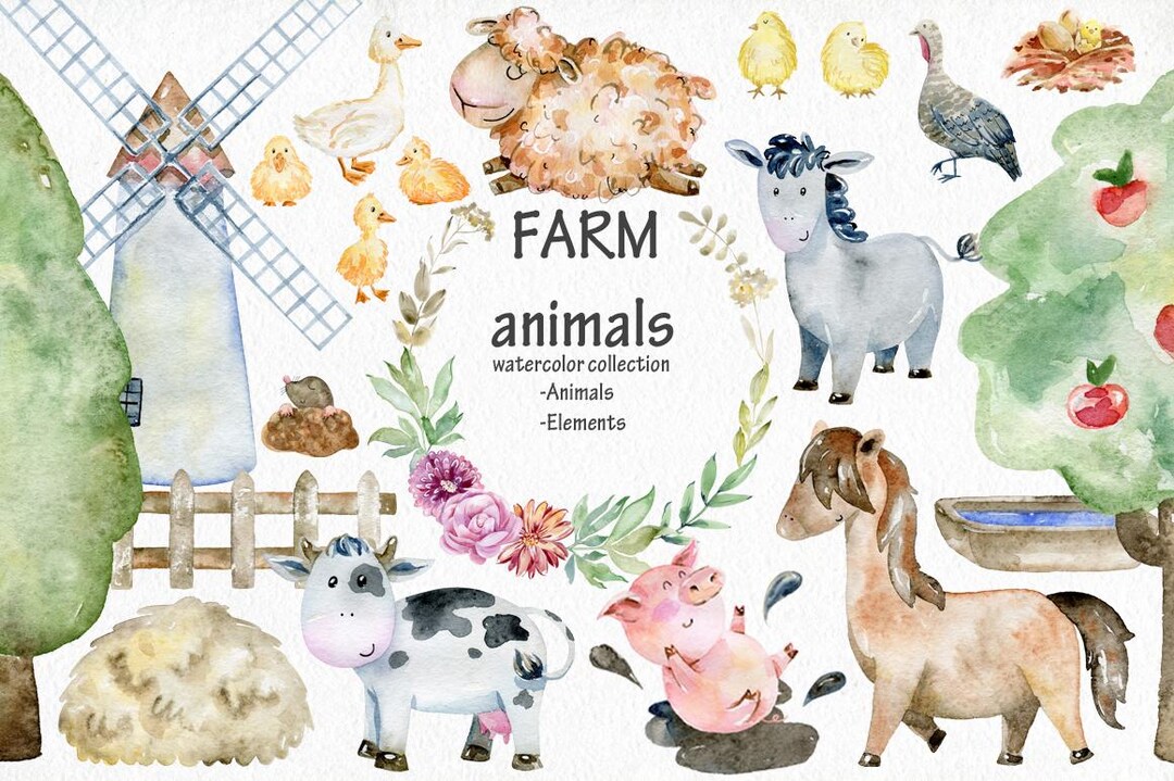 Watercolor Farm Animals Clipart, Kids PNG Illustrations, Nursery Art ...