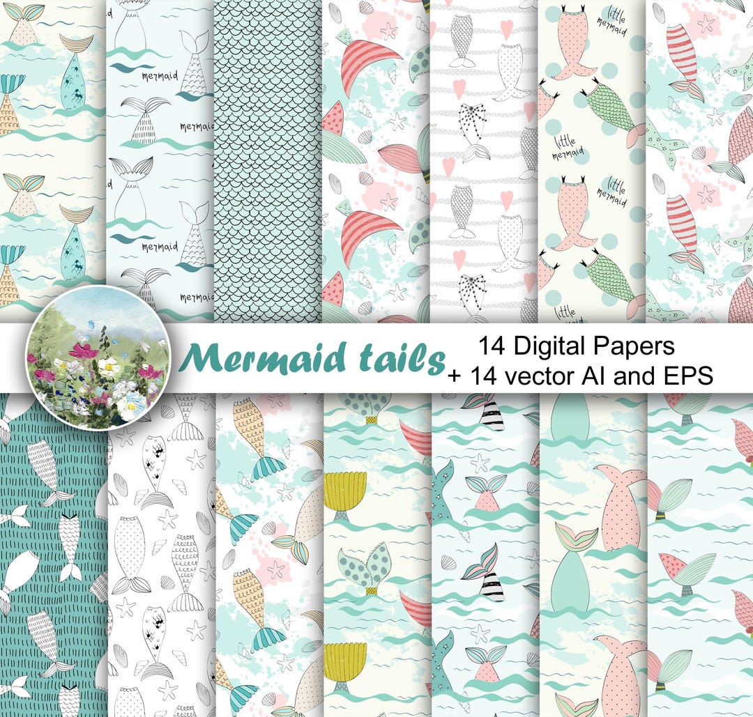 Vector Cute Mermaid Tails Papers, Kids Seamless Patterns for Girl ...