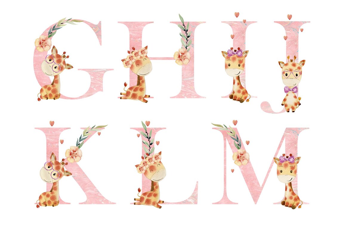 Watercolor Giraffes Alphabet for Girl, Letters and Numbers Clipart ...