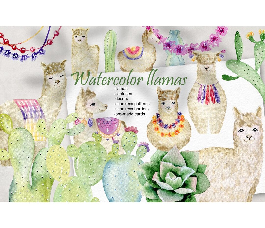 Watercolor Llama Clipart Set, Cactus PNG, Seamless Patterns, Frames ...