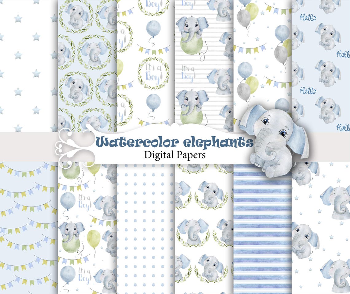 Watercolor Elephants, Animals Papers, Baby Seamless Patterns, Digital ...