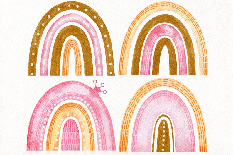 Watercolor Rainbow Clipart: Pink & Gold Crowns, Hearts (digital ...