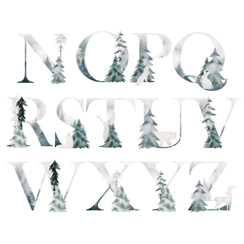 Winter Watercolor Alphabet Clipart: Forest Letters, Deer, Pine Trees ...