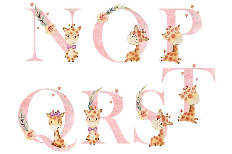 Watercolor Giraffes Alphabet for Girl, Letters and Numbers Clipart ...