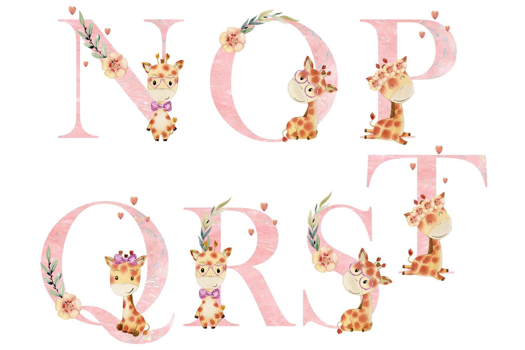 Watercolor Giraffes Alphabet for Girl, Letters and Numbers Clipart ...
