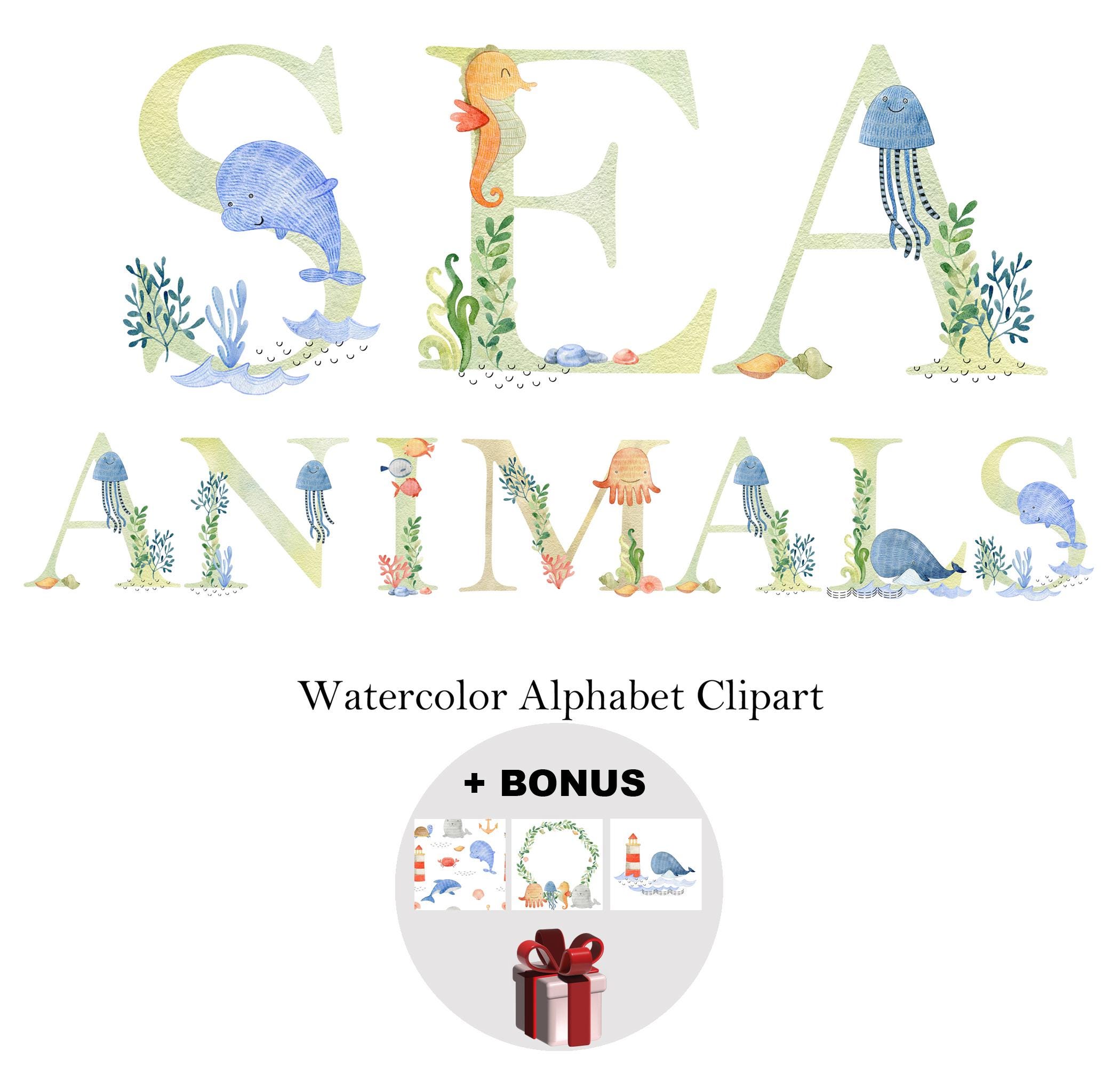 Sea Animals Alphabet, Watercolor Letters and Numbers. - Etsy