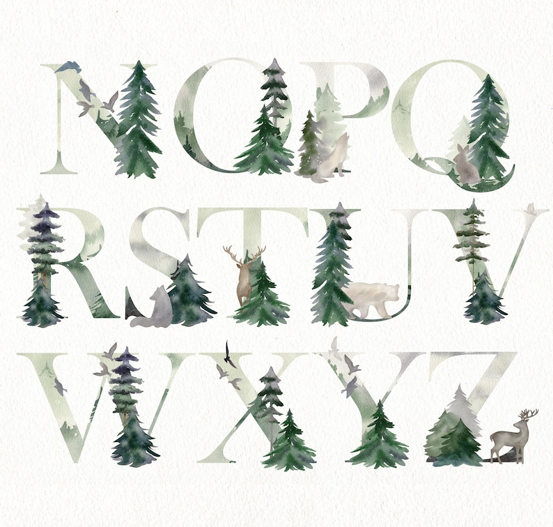 Watercolor Forest Alphabet, Letters & Numbers, Clipart Png. - Etsy