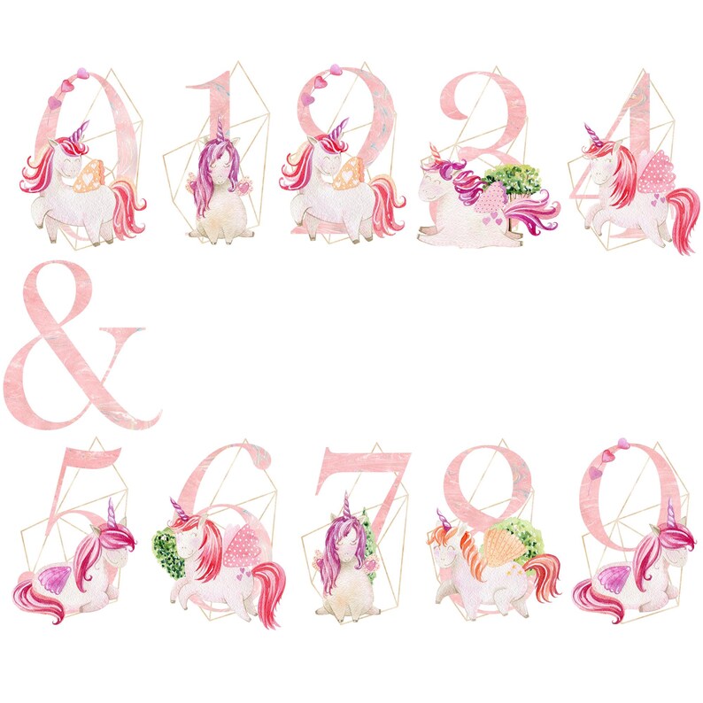 Watercolor Cute Unicorns Alphabet Clipart, Pink Letters and Numbers ...