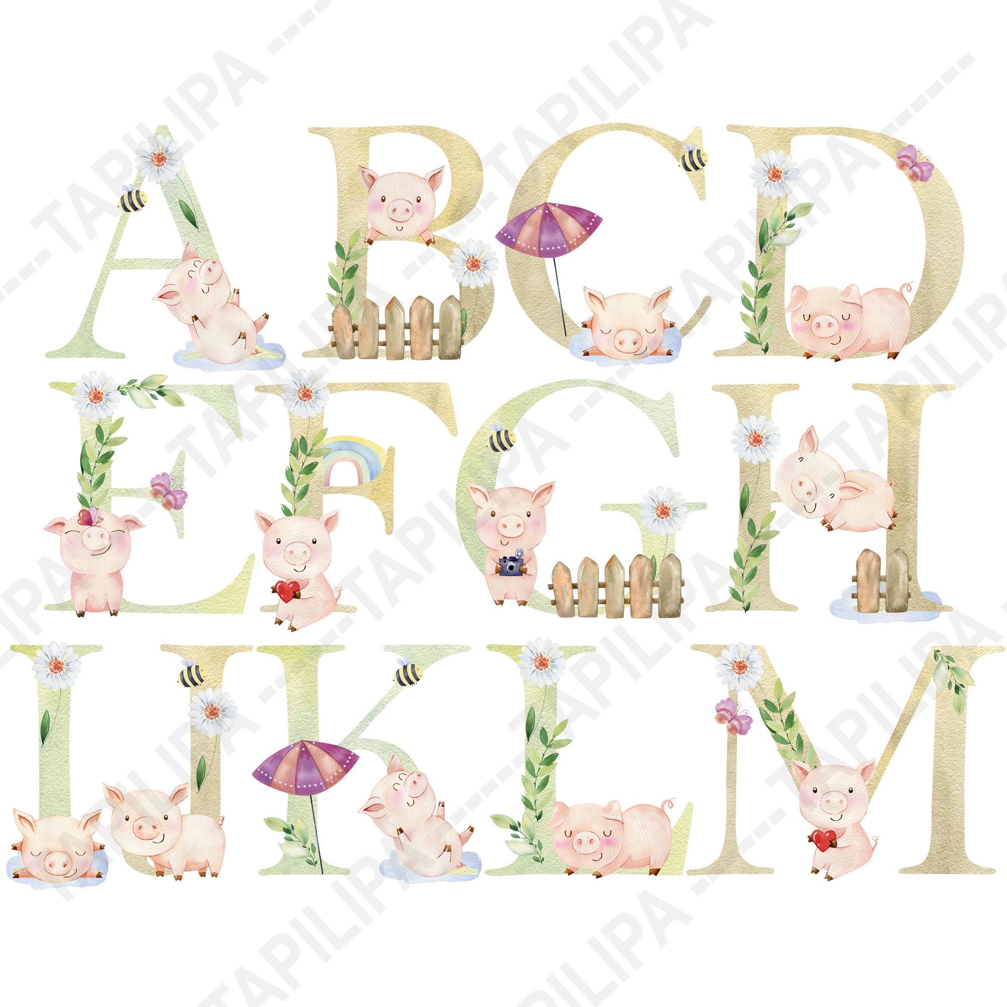 Watercolor Animal Alphabet Letters & Numbers Clipart - Pigs, Baby ...