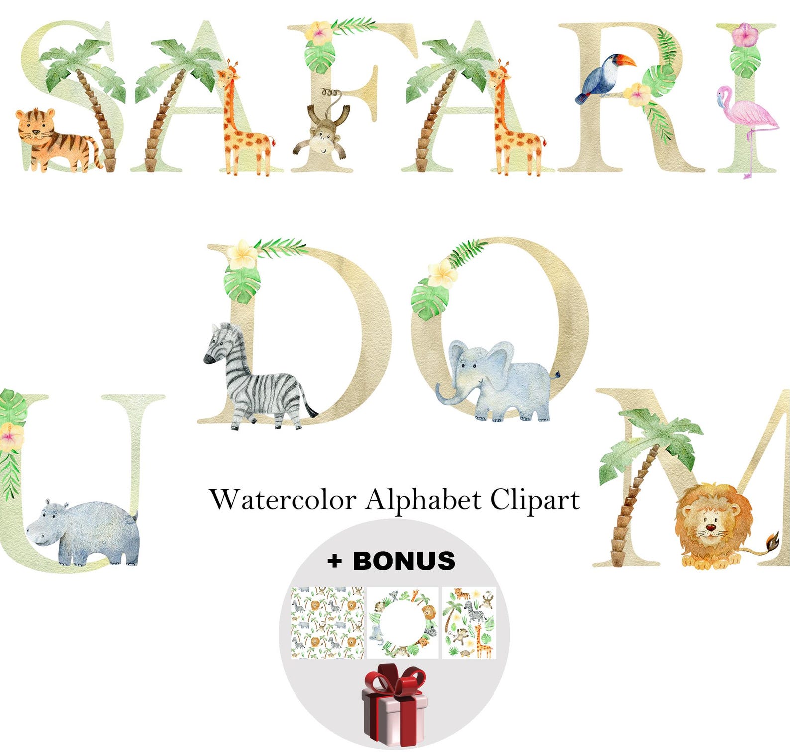 Watercolor Safari Animals Alphabet, Letters and Numbers Clipart ...