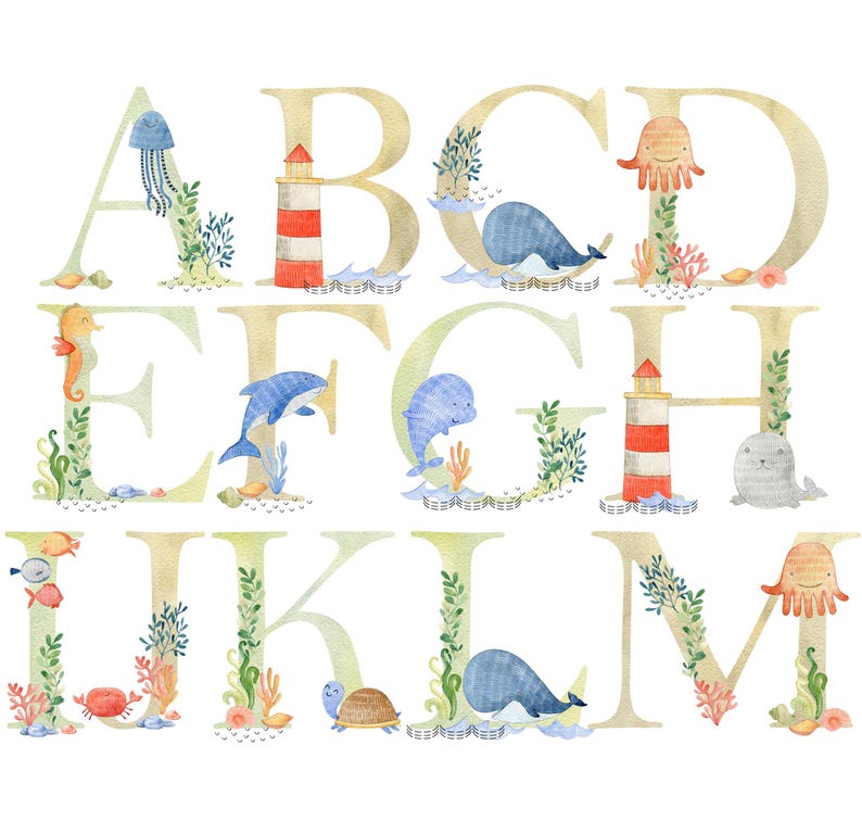 Sea Animals Alphabet, Watercolor Letters and Numbers. - Etsy