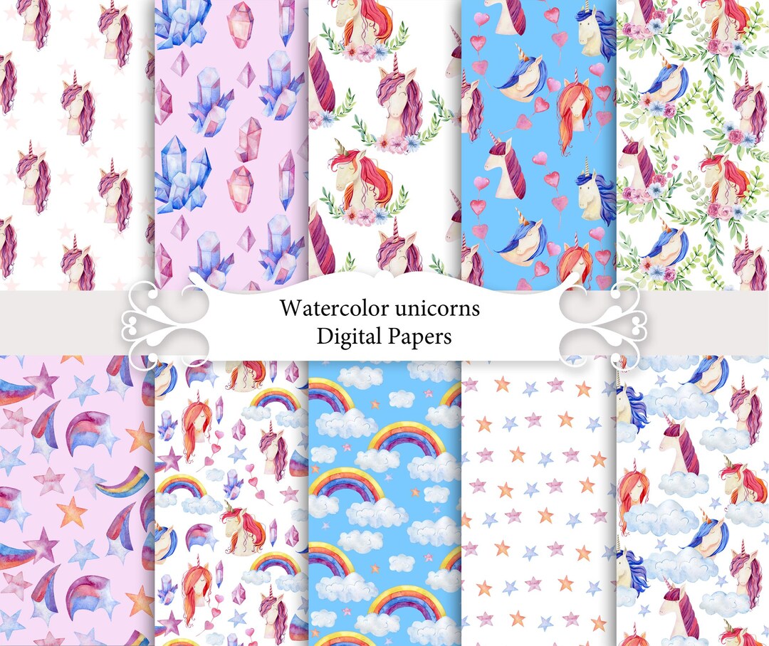Watercolor Unicorns Papers, Kids Seamless Patterns, Crystals, Rainbow ...