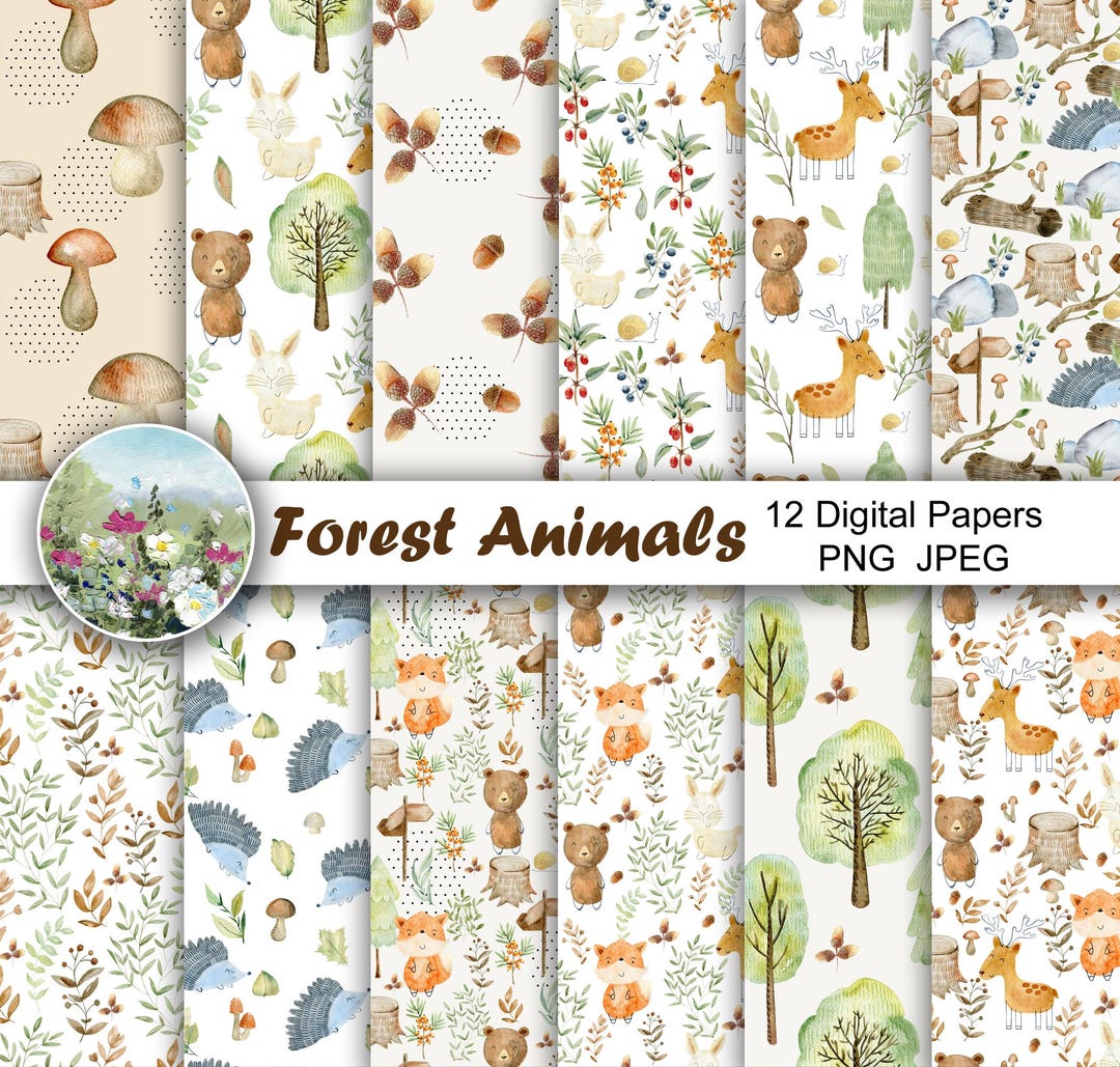 Watercolor Woodland Animals, Seamless Patterns, Digital Scrapbooking ...