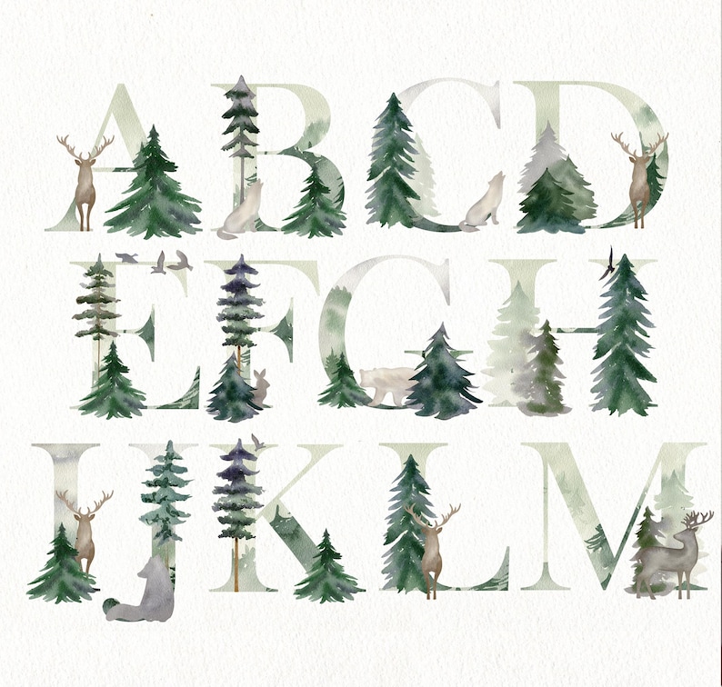 Watercolor Forest Alphabet, Letters & Numbers, Clipart Png. - Etsy