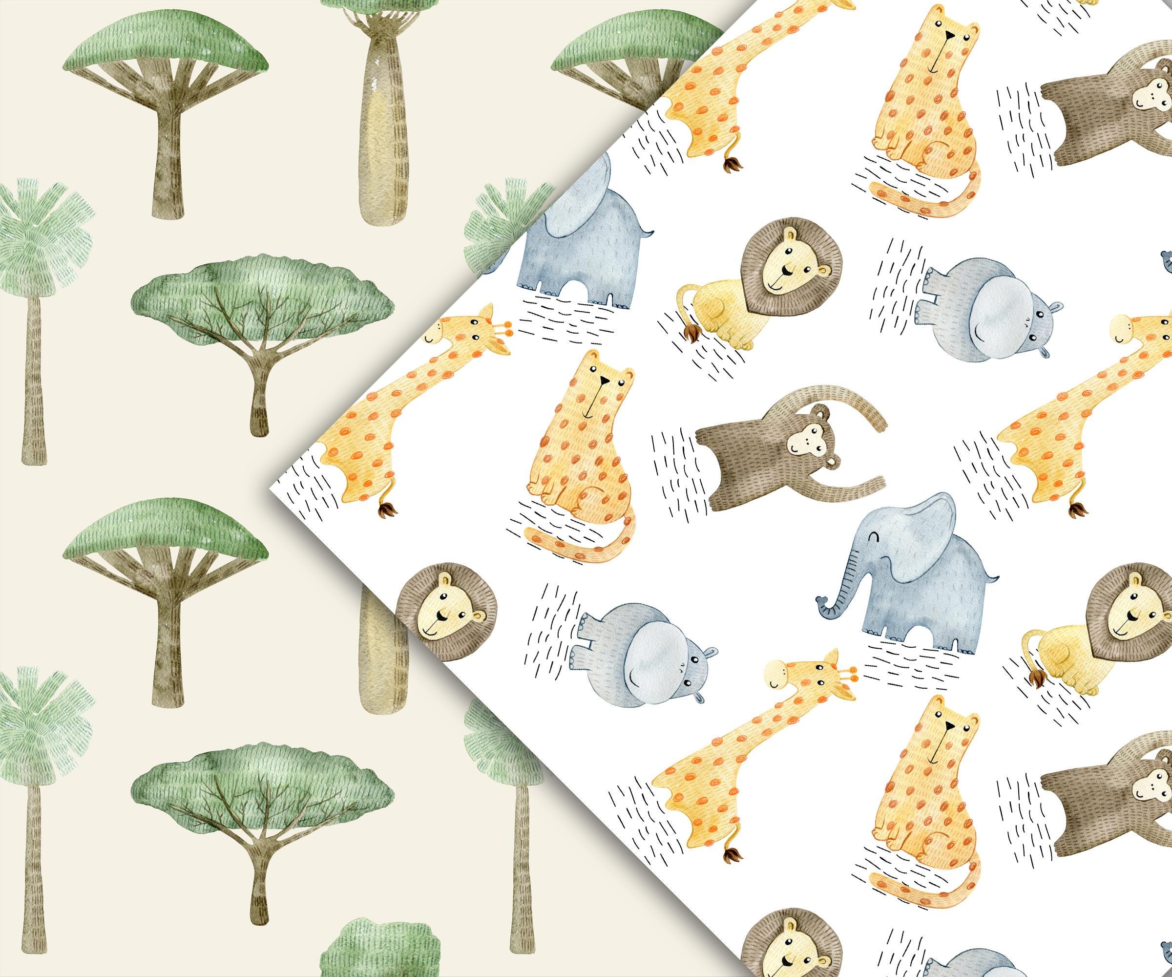 Watercolor Safari Animals, Digital Paper Pack, Kids Seamless Patterns ...