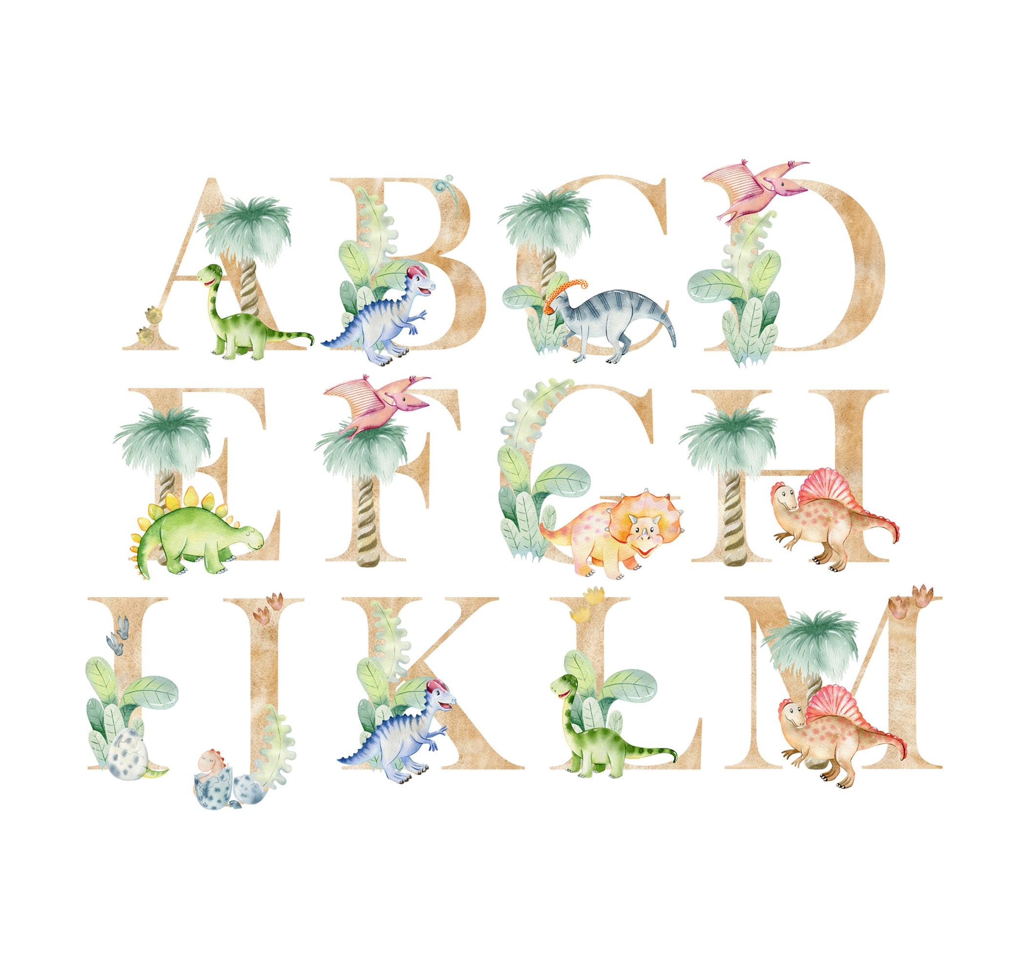 Watercolor Dinosaurs Alphabet Clipart, Gold Letters and Numbers. - Etsy