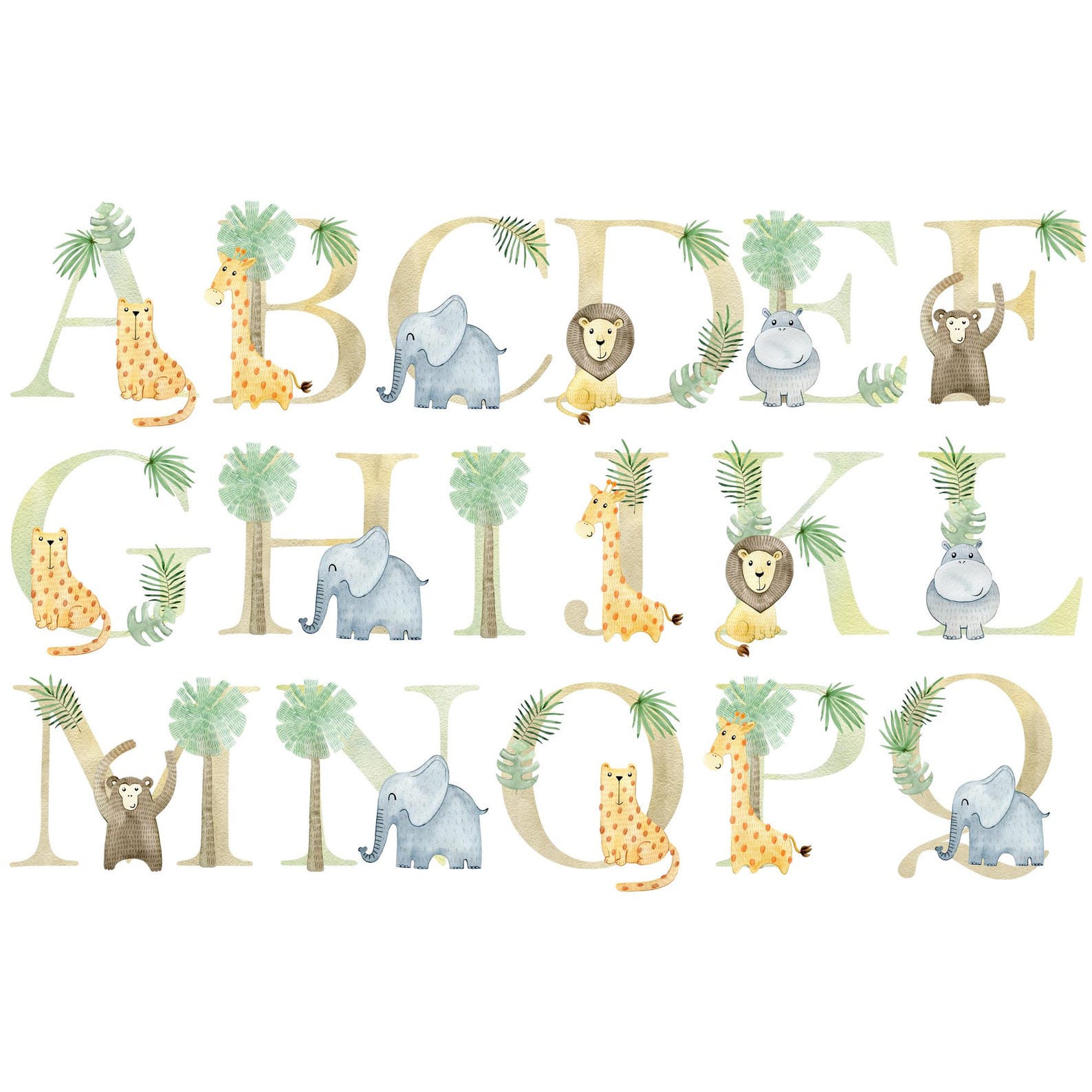 Safari Animals Alphabet - Baby Letters & Numbers, Watercolor Clipart ...