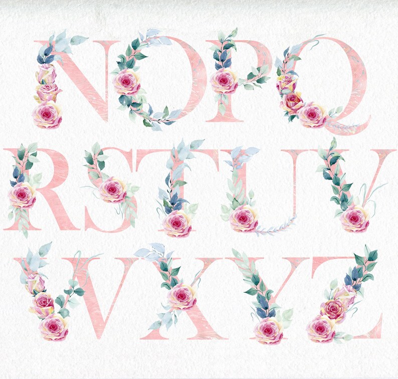 Watercolor Floral Alphabet Clipart, Digital Wedding Initial Monogram ...