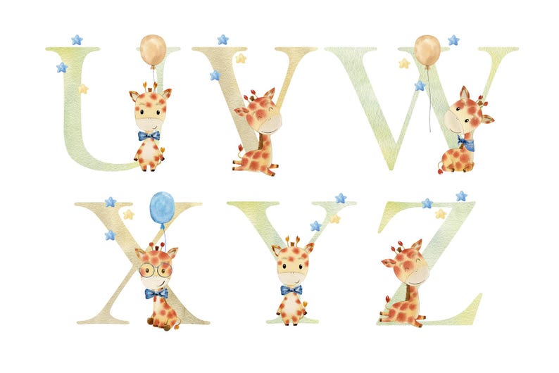 Watercolor Giraffes Alphabet for Boy, Letters and Numbers Clipart ...