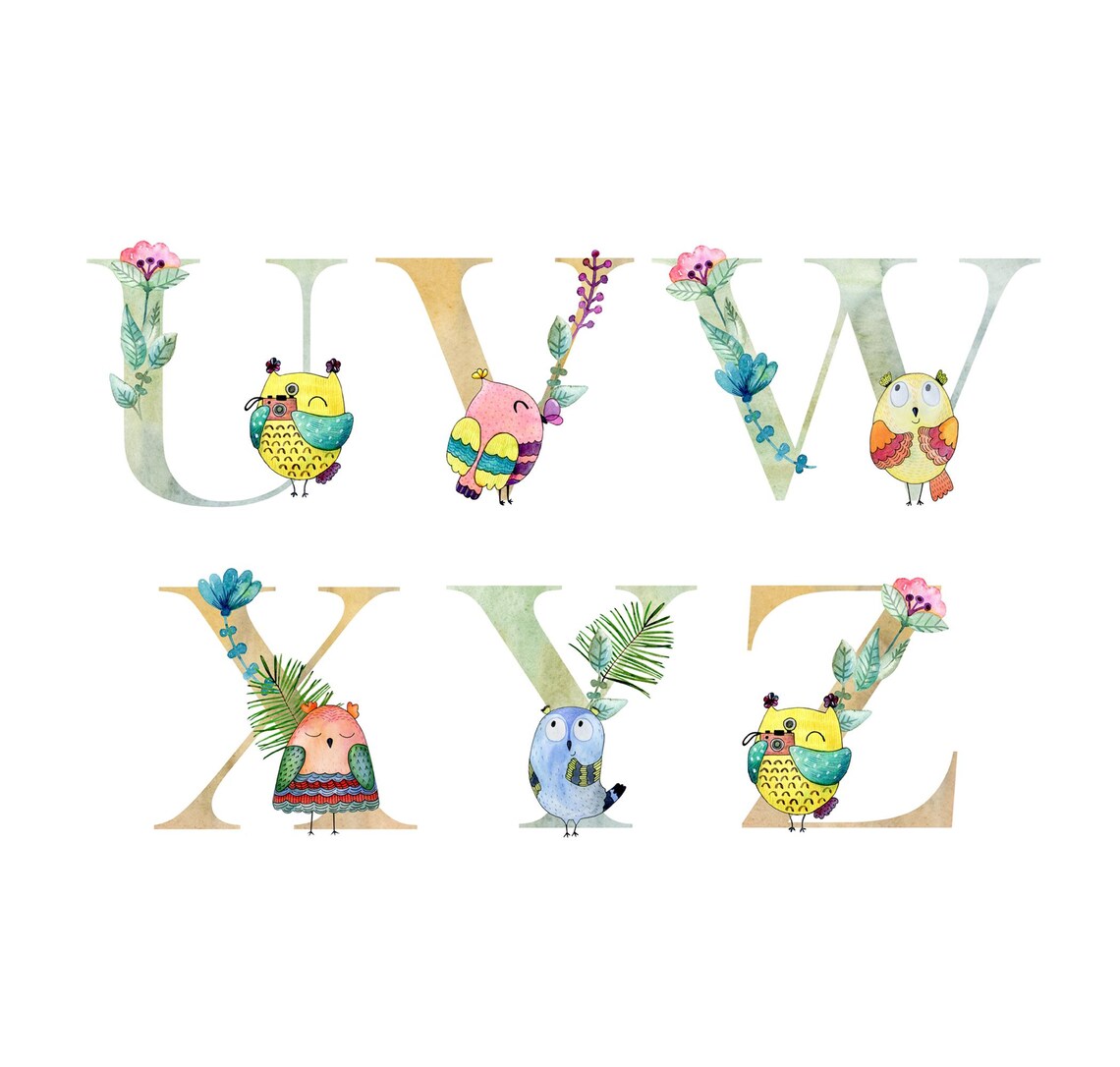 Watercolor Owls Alphabet, Cute Letters and Numbers, Monogram, Name ...