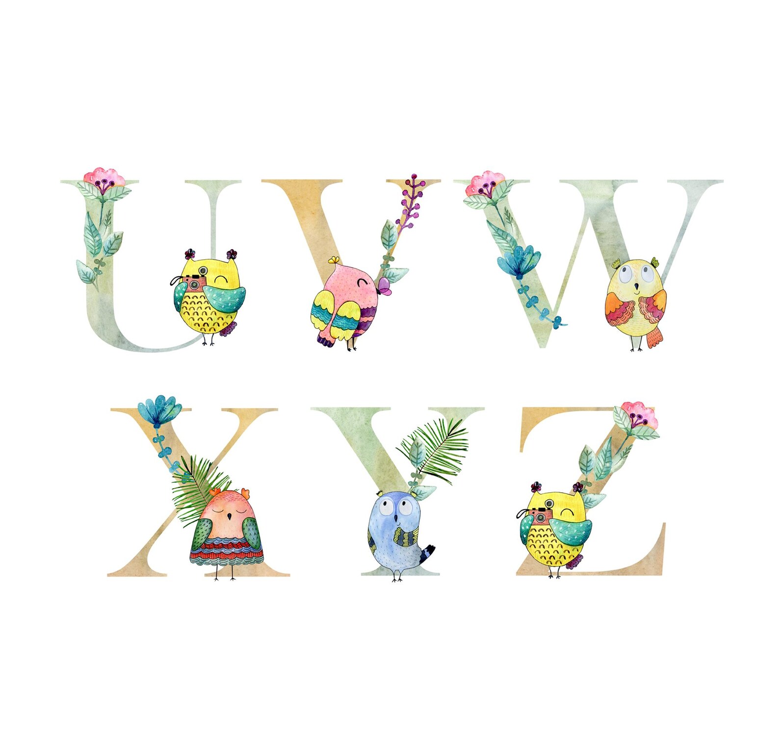 Watercolor Owls Alphabet, Cute Letters and Numbers, Monogram, Name ...