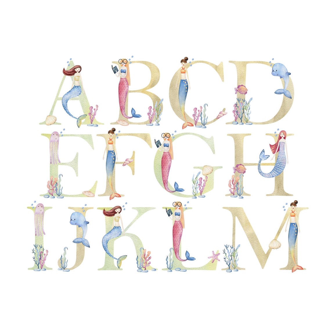Watercolor Mermaids Alphabet, Letters and Numbers Clipart, Watercolor ...