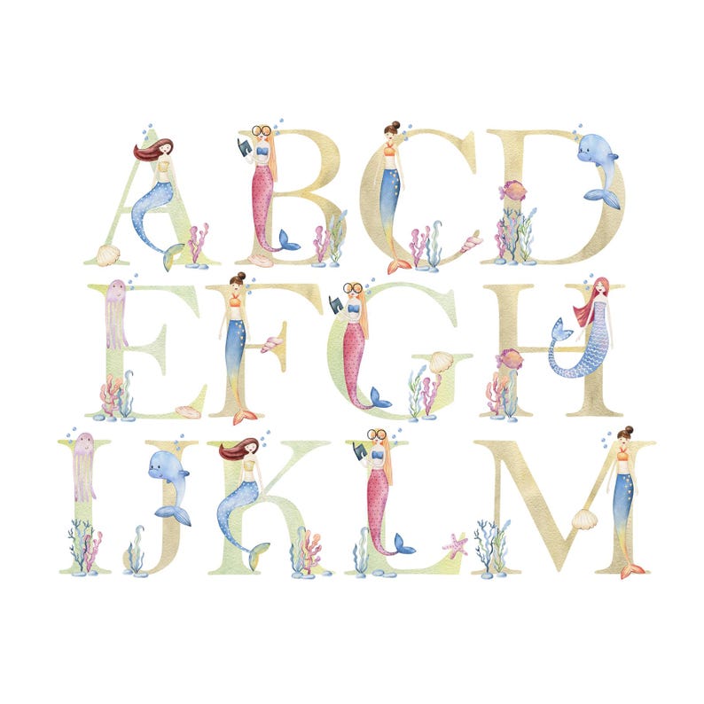 Watercolor Mermaids Alphabet, Letters and Numbers Clipart, Watercolor ...