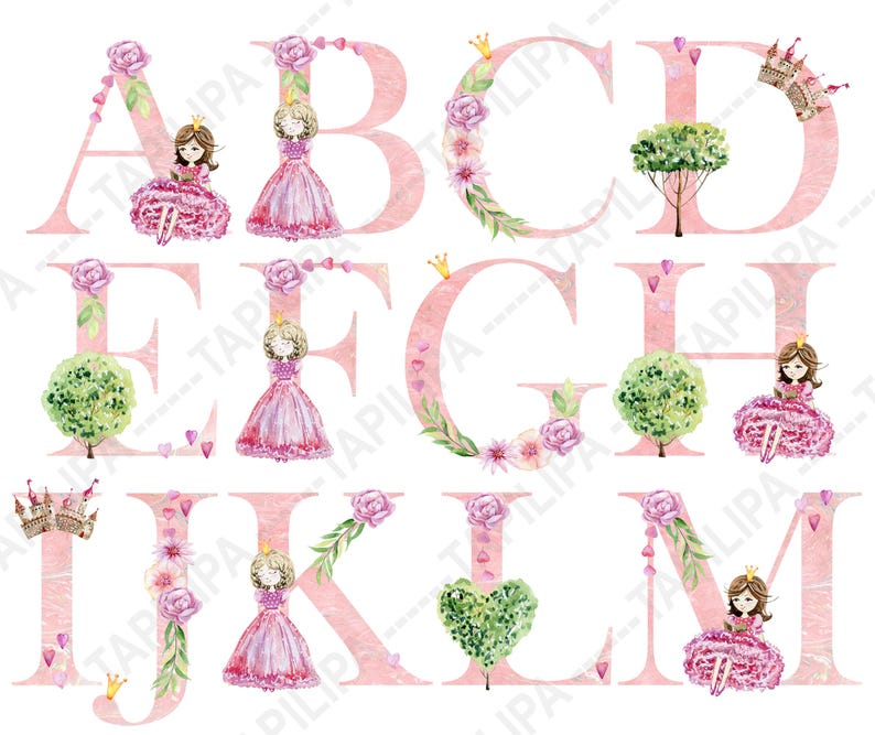 Watercolor Princess Alphabet & Numbers Clipart - Pink Monogram Letters ...
