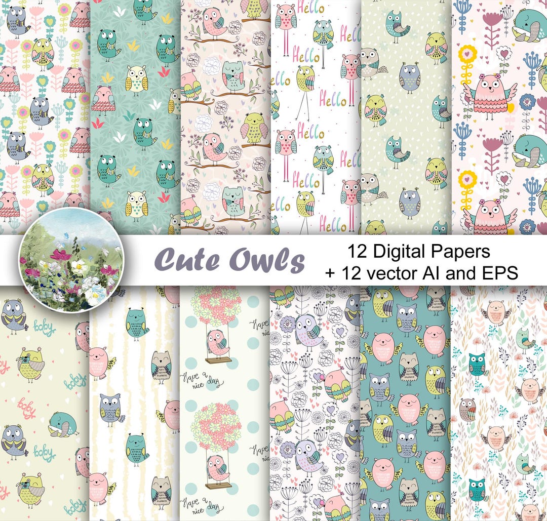 Vector Cute Owls Papers, Kids Paper Pack, Birds Seamless Patterns, Owl ...