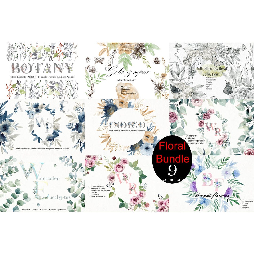 Watercolor Floral Clipart Bundle: Flowers, Letters, Numbers, Patterns ...