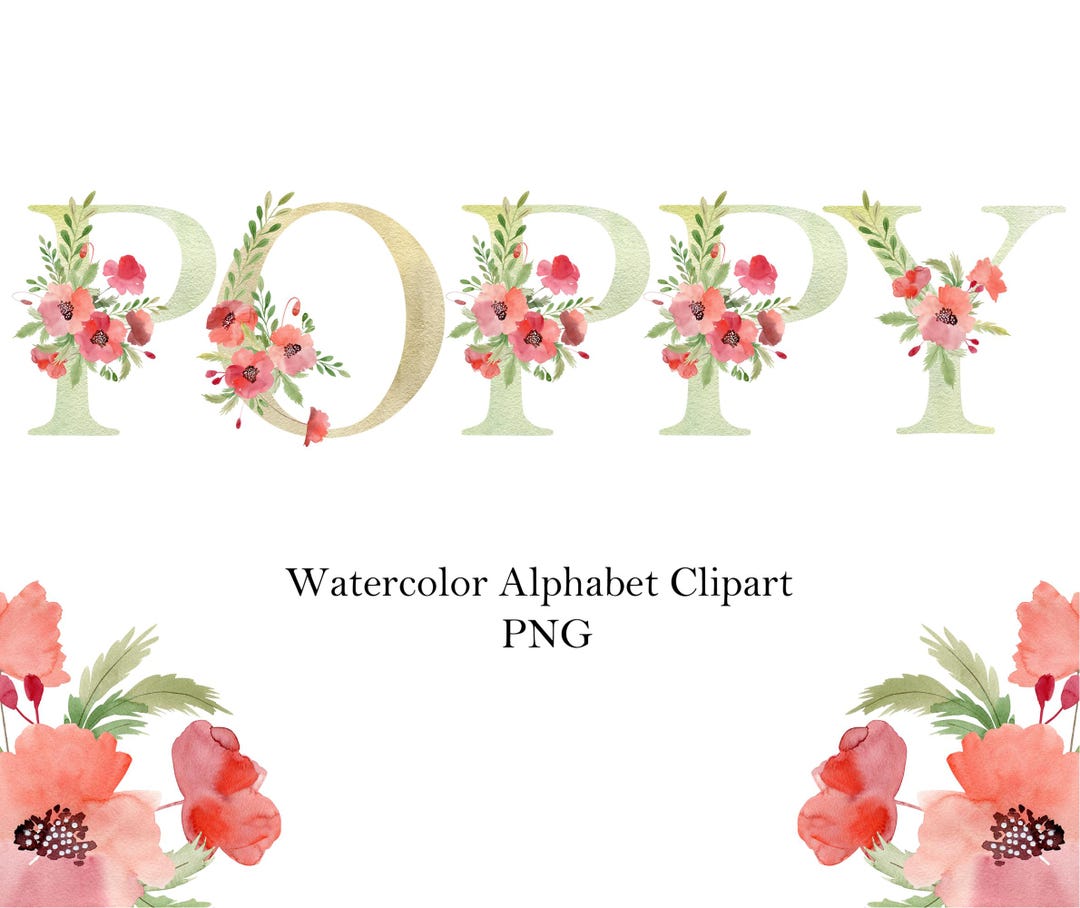 Watercolor Floral Alphabet, Red Poppies, Letters and Numbers Clipart ...