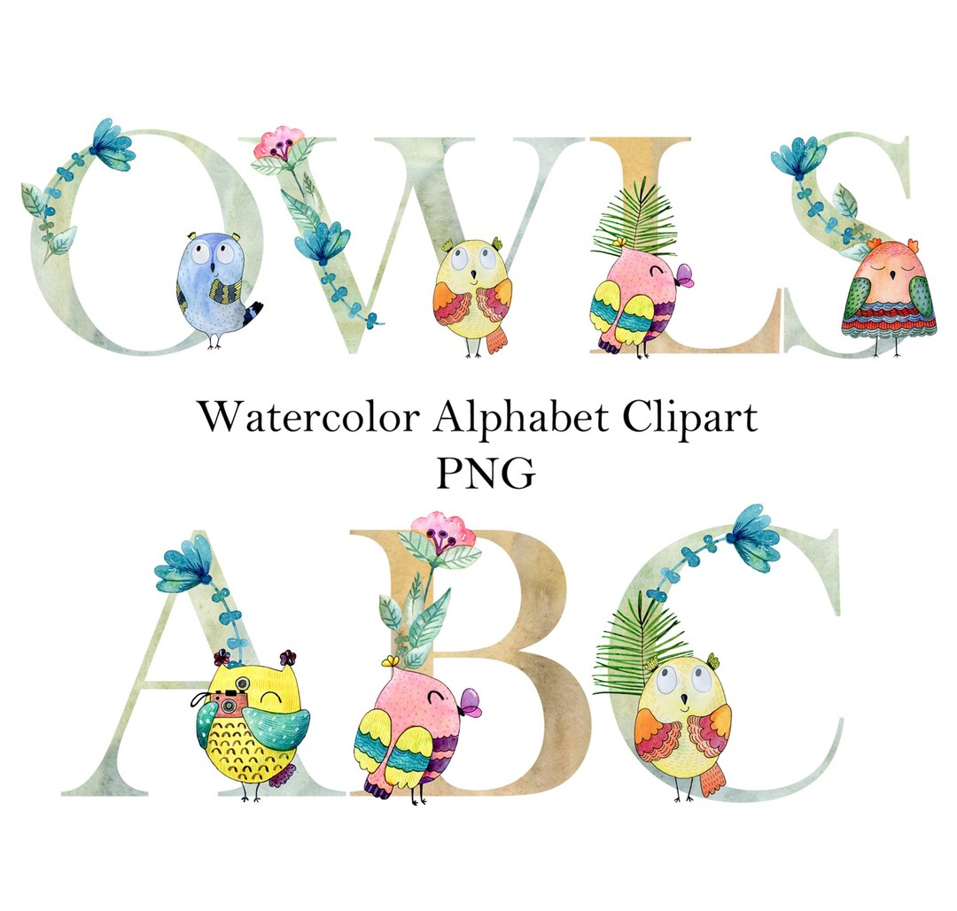 Watercolor Owls Alphabet, Cute Letters and Numbers, Monogram, Name ...
