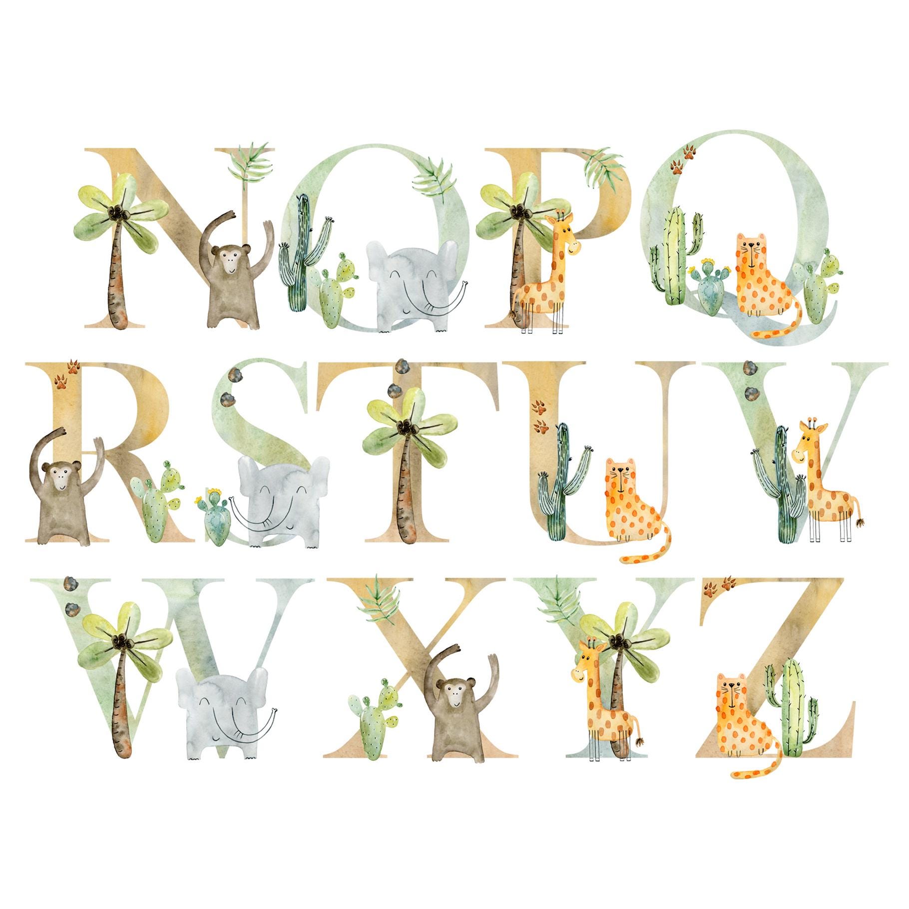 Watercolor Safari Animals Alphabet Clipart, Digital Personalized Kids ...