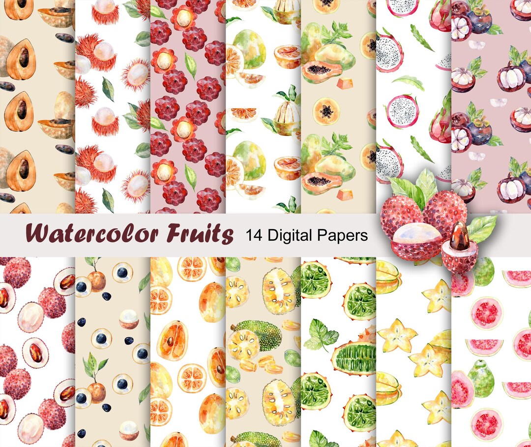 Watercolor Tropical Fruits Papers, Seamless Patterns, Digital Download ...