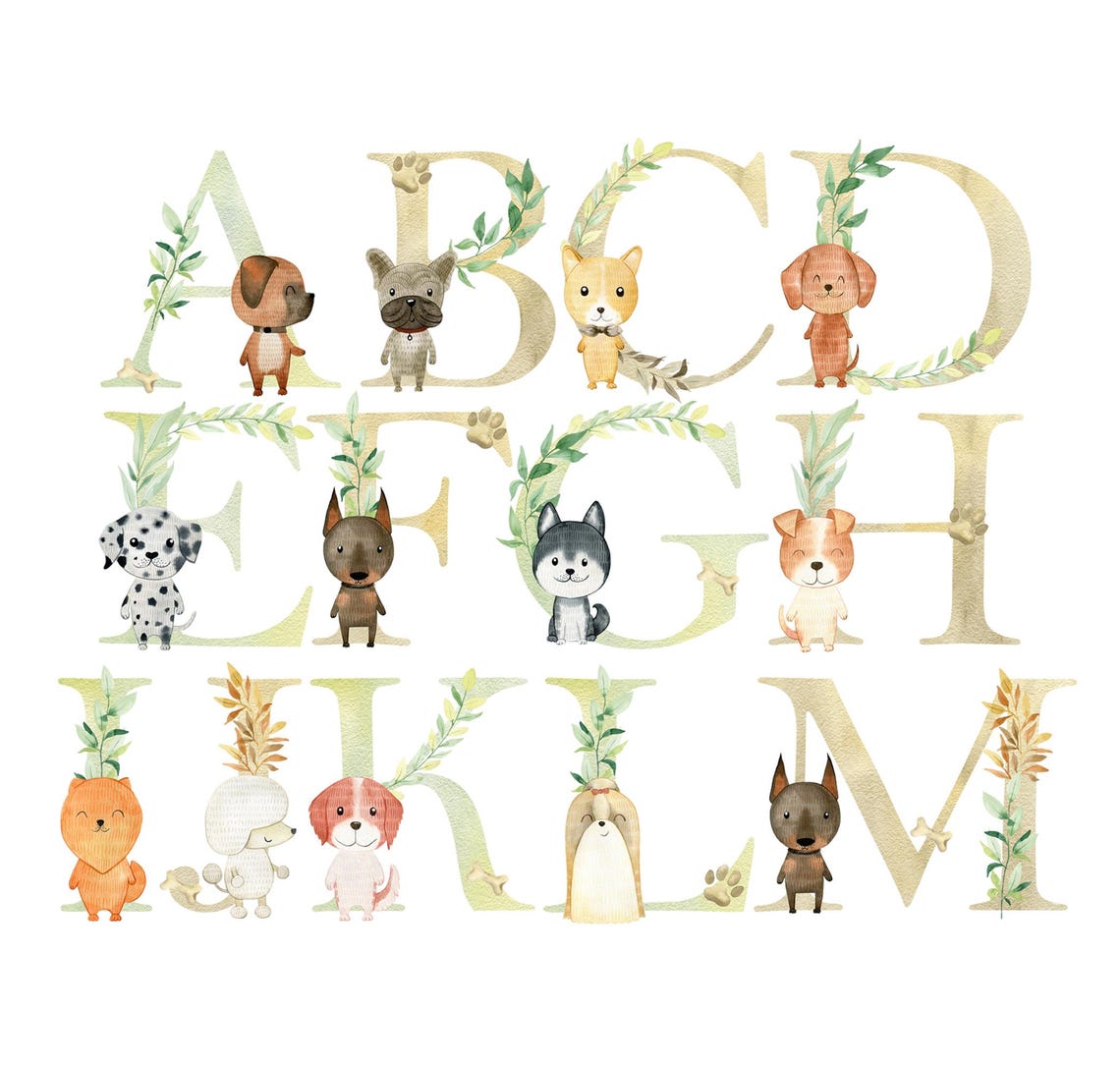Watercolor Dog Breed Alphabet Clipart: Kids Initial Monogram Art ...