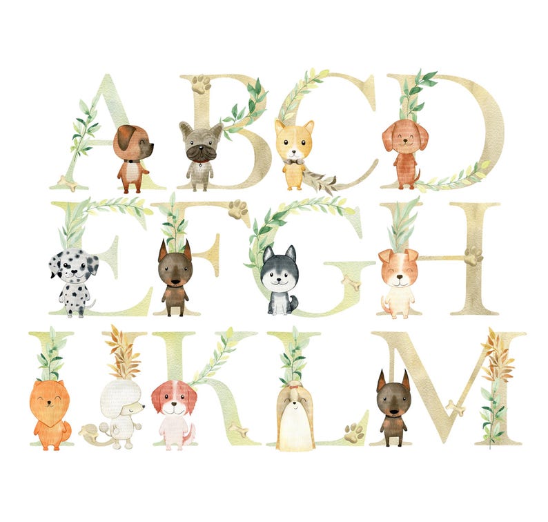 Watercolor Dog Breed Alphabet Clipart: Kids Initial Monogram Art ...