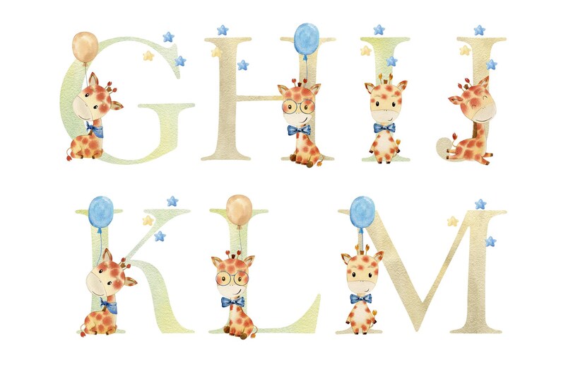 Watercolor Giraffes Alphabet for Boy, Letters and Numbers Clipart ...