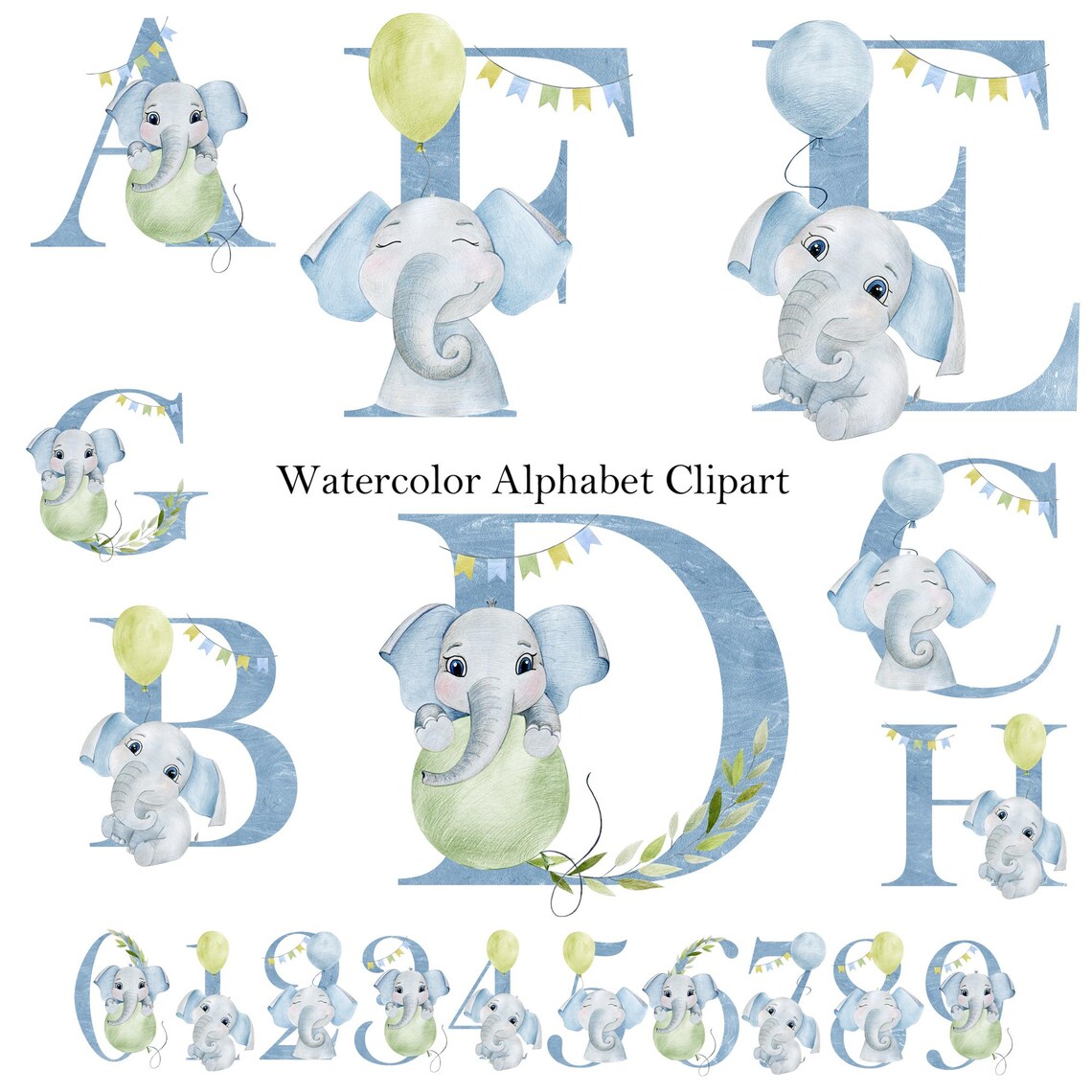 Watercolor Cute Elephants Alphabet Clipart, Cartoon Animals Letters and ...