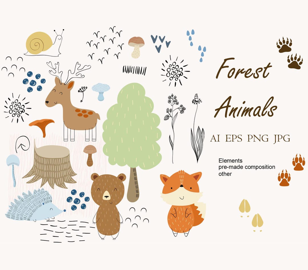 Forest Animals Vector Clipart, Kids Nursery Art, Leaves, Mushroom ...