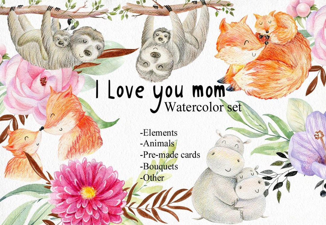 Watercolor Mother and Baby Animals Clipart, Family Illustration ...