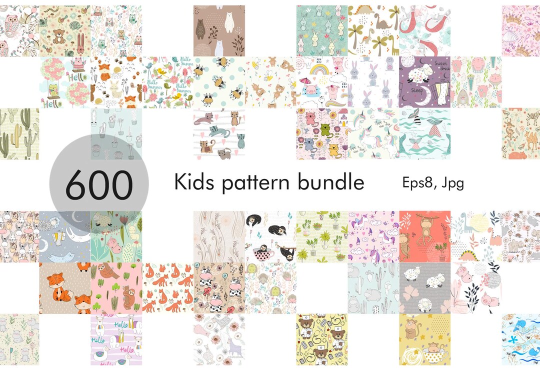 600 Cute Animals Papers, Kids Seamless Patterns, Digital Paper ...