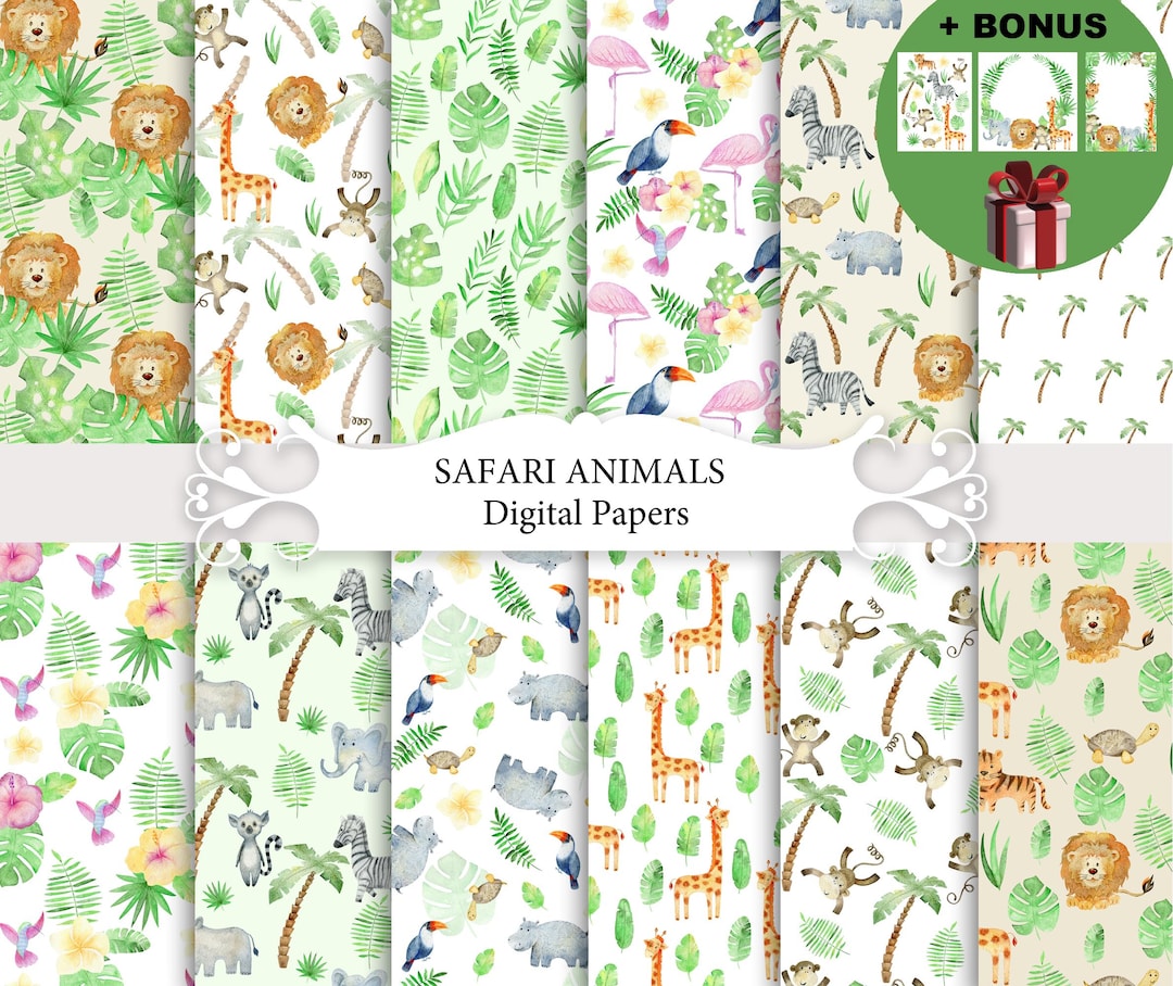 Watercolor Safari Animals, Digital Paper Pack, Seamless Patterns. - Etsy
