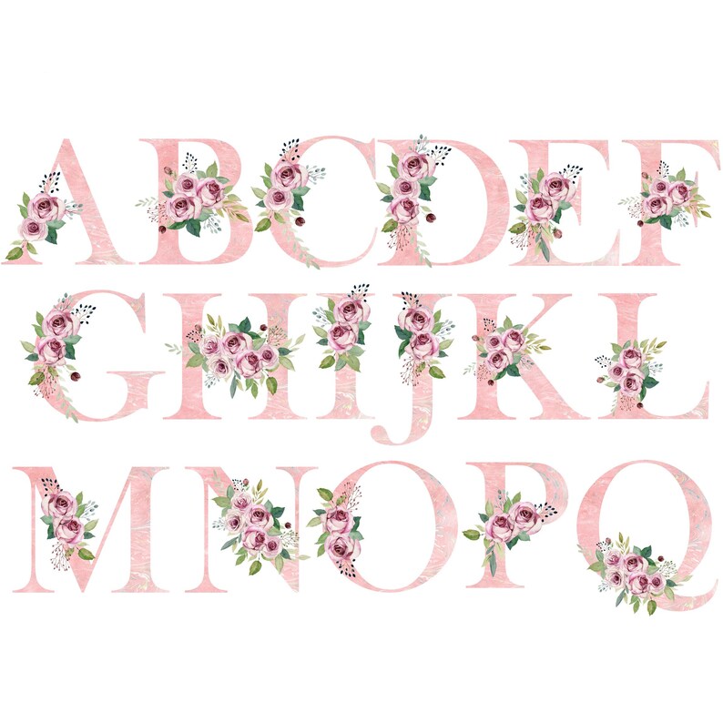 Watercolor Floral Alphabet Clipart - Pink Roses Letters & Numbers, PNG ...