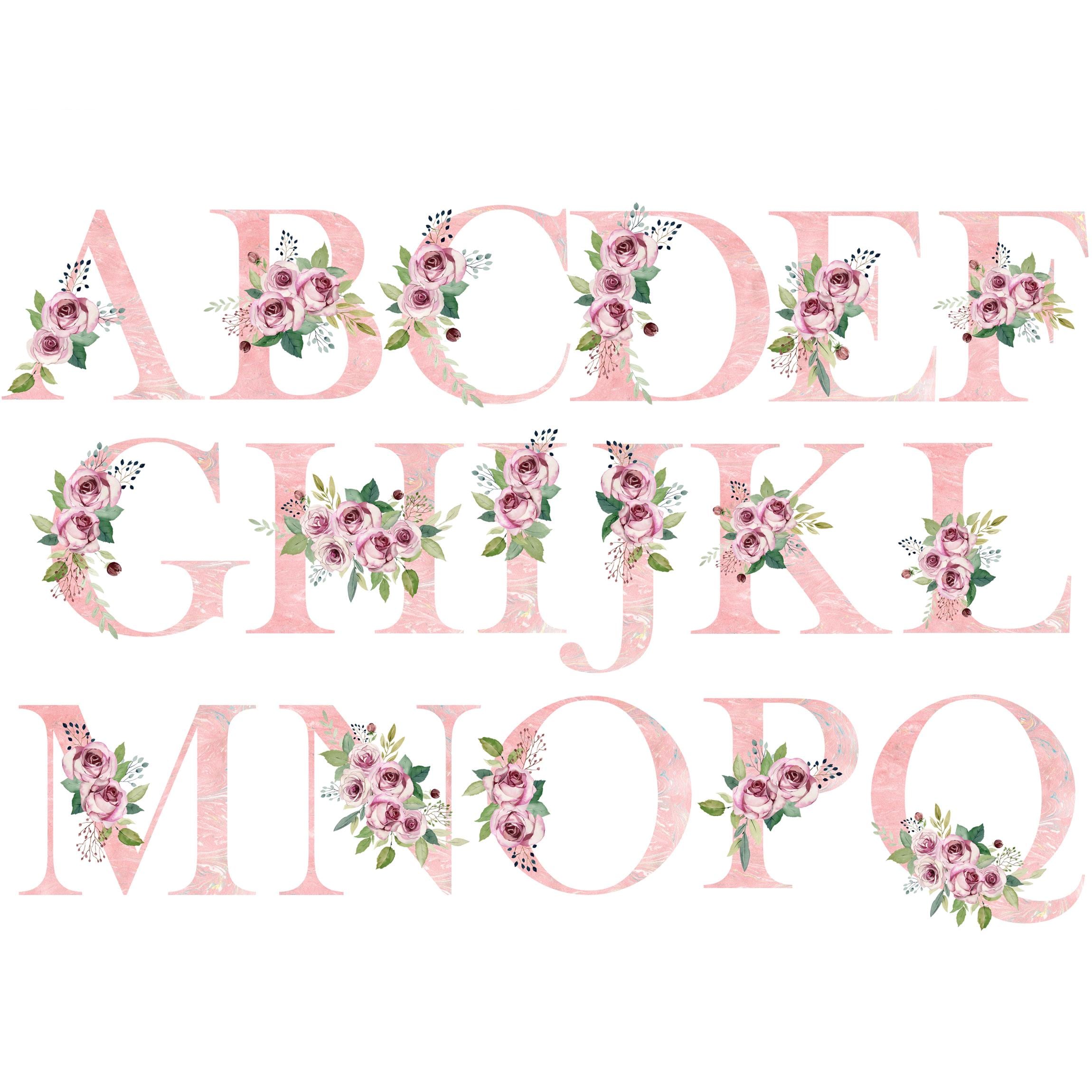 Watercolor Floral Alphabet Clipart - Pink Roses Letters & Numbers, PNG ...