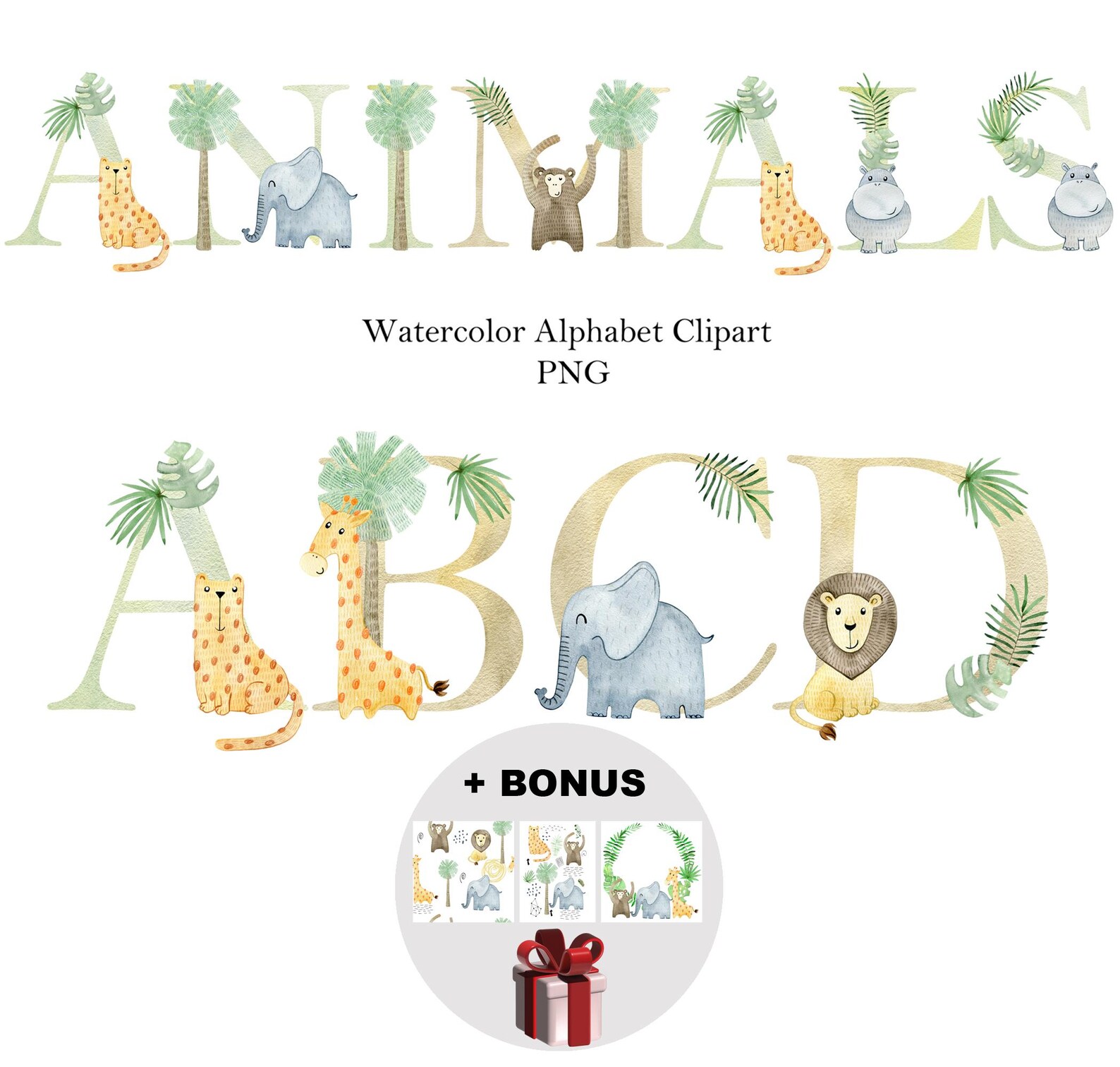 Safari Animals Alphabet - Baby Letters & Numbers, Watercolor Clipart ...