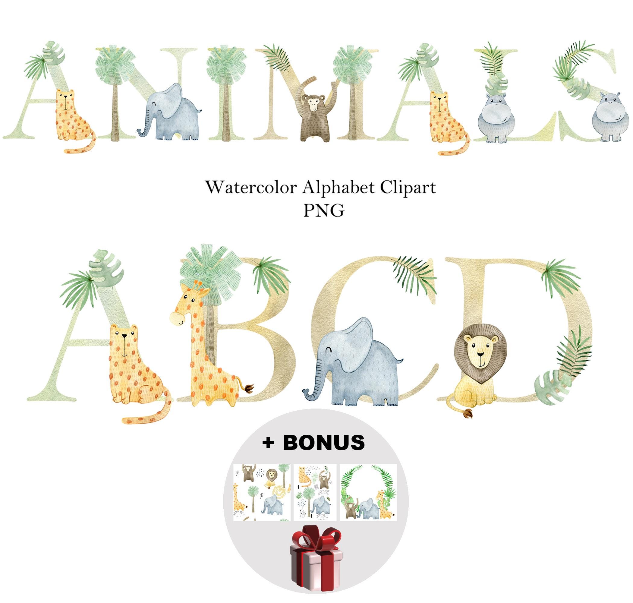 Safari Animals Alphabet - Baby Letters & Numbers, Watercolor Clipart ...