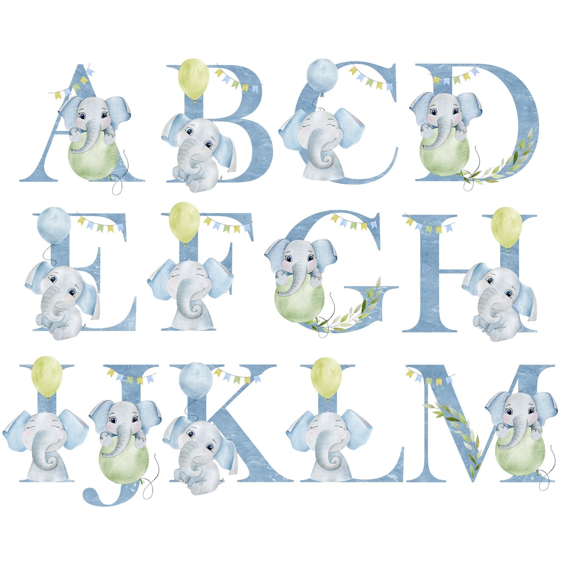 Watercolor Cute Elephants Alphabet Clipart, Cartoon Animals Letters and ...