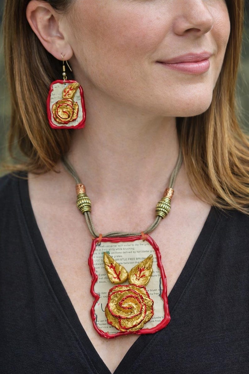 Upcycled Newspaper Jewelry Set, Handmade Clay Necklace With Earrings ...